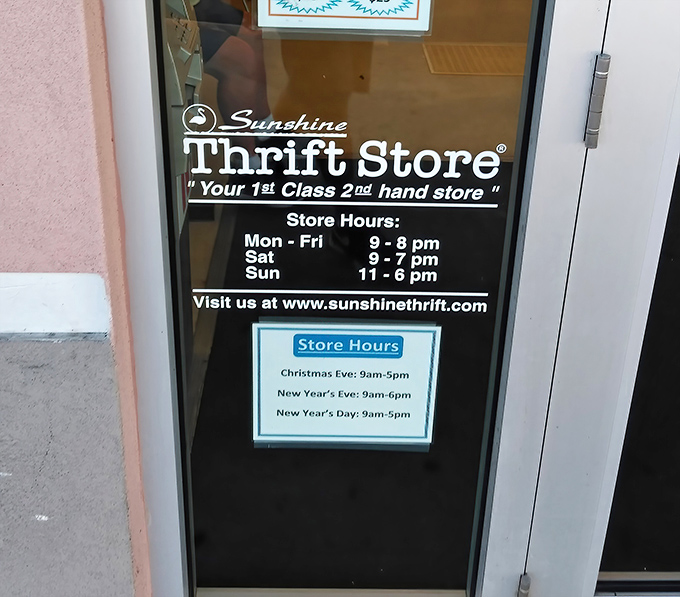 Store hours proudly displayed on the front door. The fine print of thrift store addiction&mdash;knowing exactly when you can get your next bargain fix.