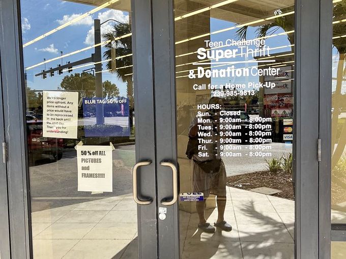 Even the store hours sign feels welcoming, promising six days of treasure hunting possibilities each week in Fort Myers.