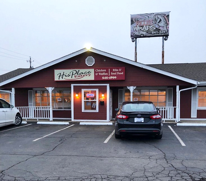 As dusk falls, the warm glow from His Place Eatery beckons hungry travelers with the promise of Southern comfort.