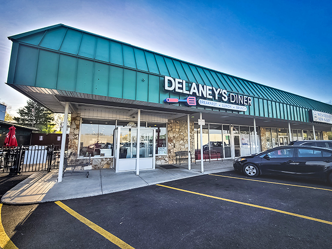 Morning light bathes the exterior in a golden glow, much like the perfect pancake. The green roof has become a landmark for hungry Ohioans.