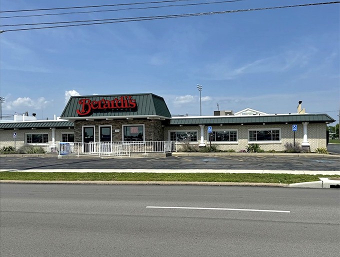 The full exterior view reveals Berardi's in all its unpretentious glory. No fancy frills, just the promise of honest food inside.