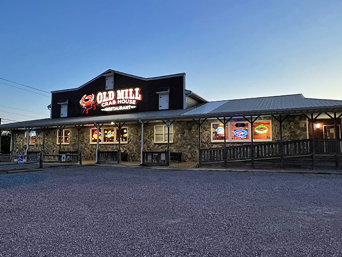 As dusk settles, Old Mill's illuminated fa&ccedil;ade becomes a lighthouse for hungry travelers seeking safe harbor from ordinary dining experiences.
