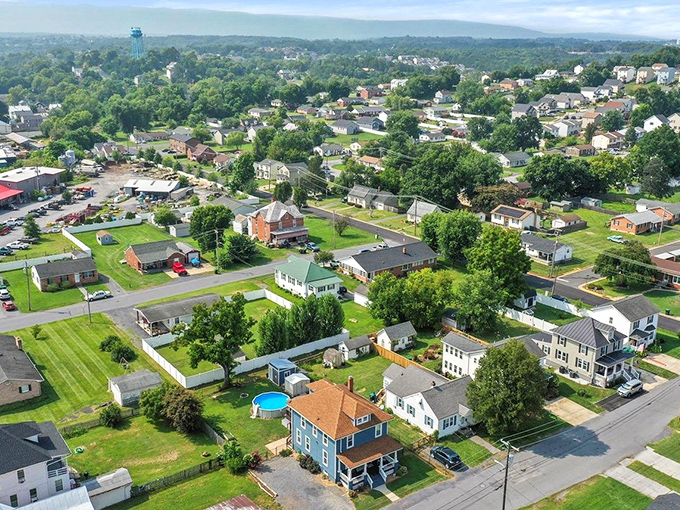 From above, Strasburg reveals itself as a perfect patchwork of homes, businesses, and green spaces. Norman Rockwell would approve of this aerial view.