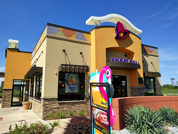 This Taco Bell might be the most architecturally ambitious building in some neighborhoods, its bold colors promising a fiesta in fast-food form.