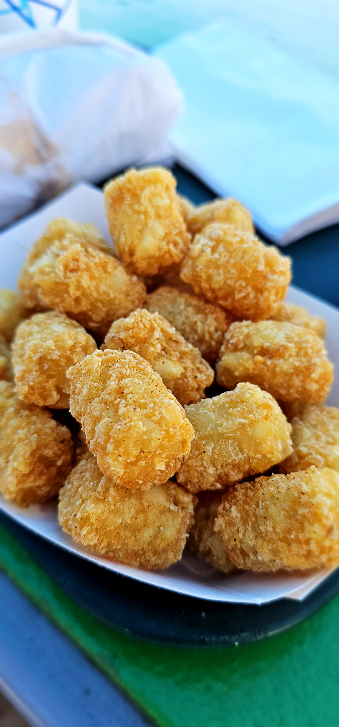 Golden tater tots with the perfect crunch-to-softness ratio&mdash;the supporting actors that steal the show in The Barn's famous California Burrito.