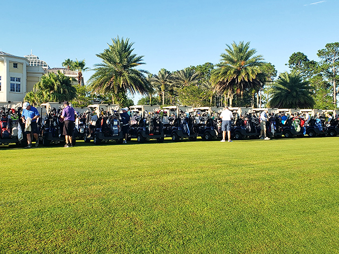 Golf carts lined up like eager thoroughbreds at the starting gate – in Palm Coast, the 19th hole might be the most competitive part of the day.