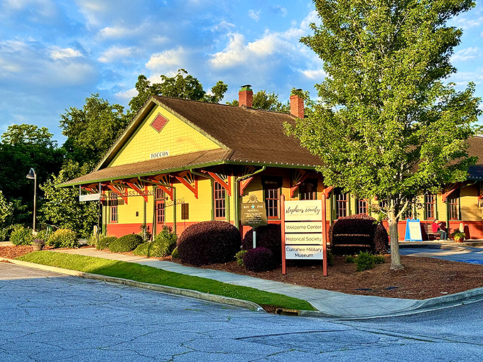The cheerful yellow Toccoa Amtrak Station welcomes travelers with the promise of small-town hospitality and a reminder of rail's golden age.