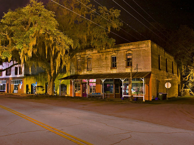As night falls, Micanopy's historic buildings glow with warm light, transforming the town into a stage set for small-town nostalgia.