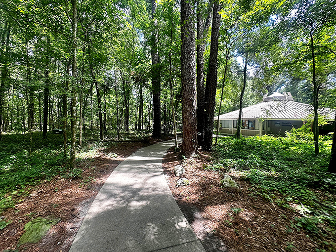 The shaded pathway to the visitor center invites exploration. Like the appetizer before a magnificent meal, it sets the stage for geological wonders ahead.