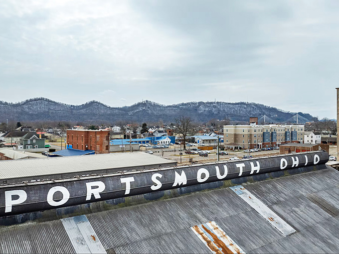 "Portsmouth Ohio" boldly announces itself from this rooftop, with the rolling hills of southern Ohio creating a picturesque backdrop for this affordable river town.