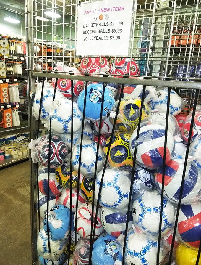 Sports equipment corralled and ready for action. These gently-used balls cost less than a smoothie and still have plenty of game left.