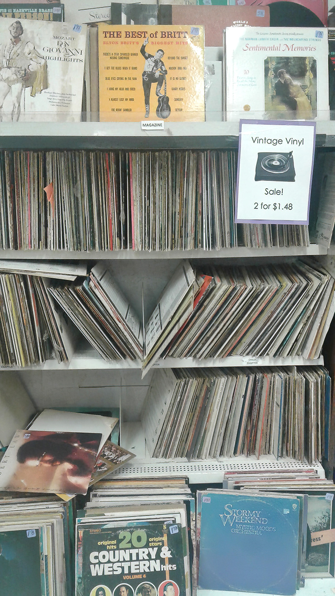 Vinyl records stand at attention, holding decades of music history at prices that would make collectors weep.