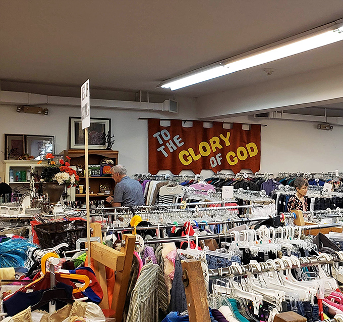 "To The Glory of God" banner reminds shoppers of the mission behind the merchandise. Finding purpose in preloved possessions.