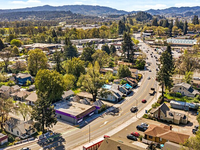 From above, Willits reveals itself as a perfect patchwork of homes, businesses, and nature&mdash;small-town living with room to breathe.