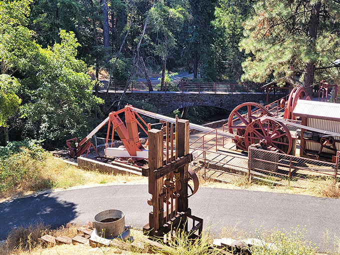 Historic mining equipment stands as rusty testament to the industrial ingenuity that helped build California's early economy.