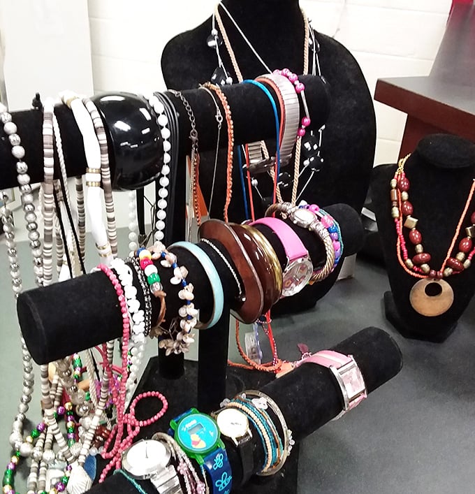 Jewelry displays sparkle with possibility, offering instant glamour and character that mass-produced accessories simply can't match, all at pocket-change prices.