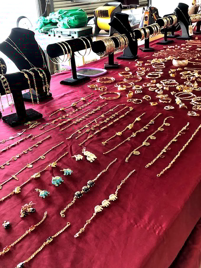 Jewelry displayed like buried treasure. These glittering accessories transform from market finds to conversation pieces the moment you wear them.