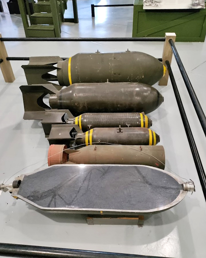 Size matters when it comes to aerial ordnance. This display of bombs shows the evolution of air power from crude to precision-guided.