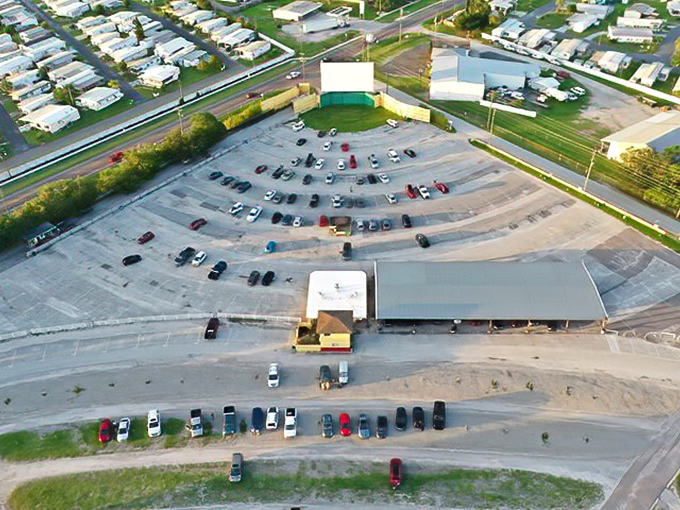 From above, the Silver Moon reveals its perfect design—a community of cars gathered in semicircles, all facing the silver screen.