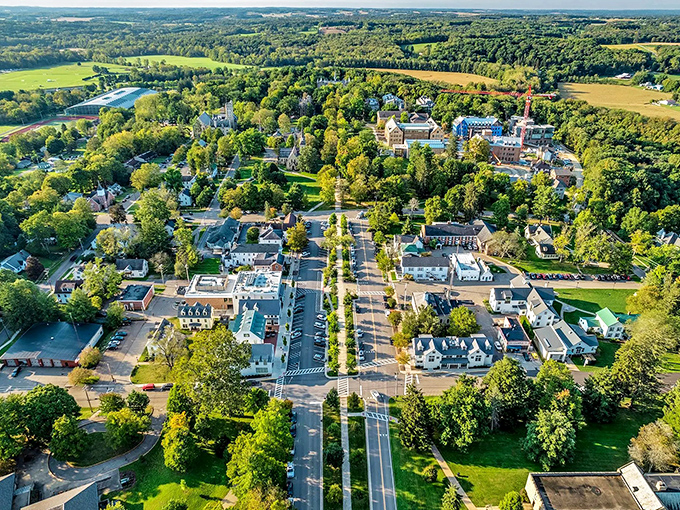 Middle Path cuts through Gambier like a perfectly placed parting. This aerial view reveals how the town and college intertwine in harmonious coexistence.