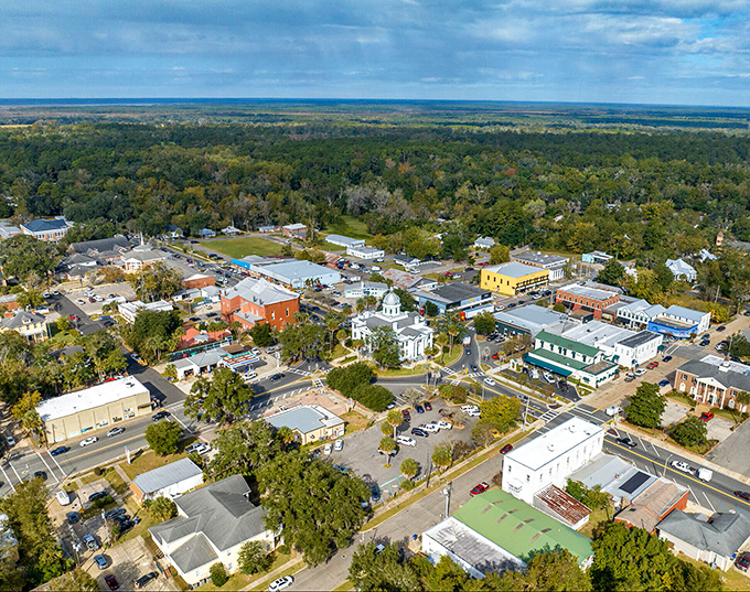 From above, Monticello reveals its true character&mdash;a perfect town square surrounded by tree-lined streets, with wilderness stretching to the horizon.