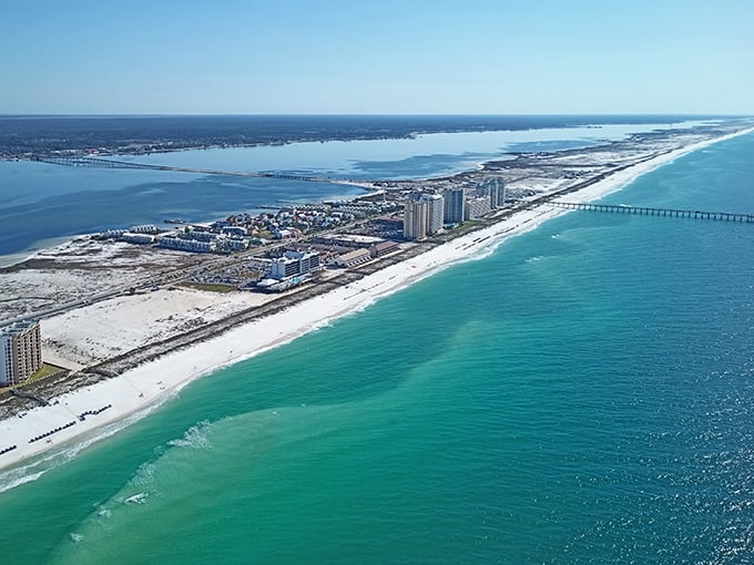 The peninsula perspective: From above, Navarre reveals its perfect positioning&mdash;Gulf on one side, Sound on the other, and happiness everywhere in between.