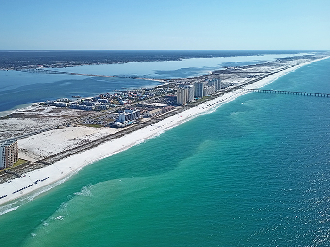 The peninsula perspective: From above, Navarre reveals its perfect positioning&mdash;Gulf on one side, Sound on the other, and happiness everywhere in between.