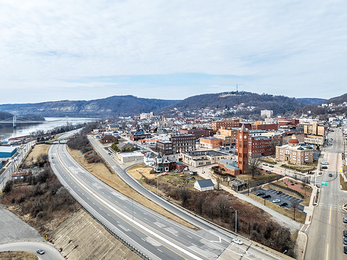 From above, East Liverpool reveals its perfect positioning along the Ohio River, where three states converge and small-town America thrives.