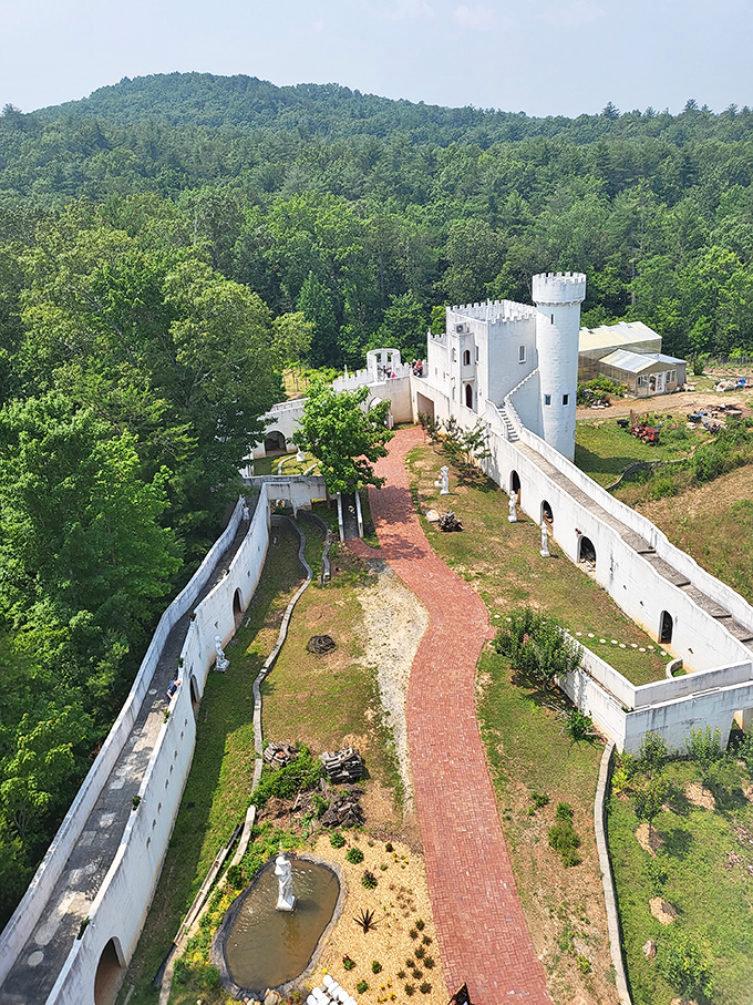 This bird's-eye perspective reveals the castle's impressive layout, complete with winding pathways that practically demand exploration.