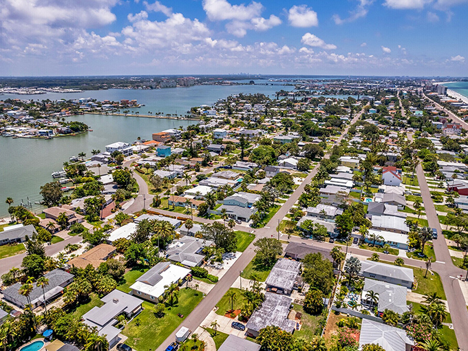 From above, Redington Beach reveals its perfect positioning&mdash;nestled between bay and ocean, a community designed by geography for maximum water access.