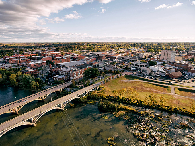 From above, Danville reveals its perfect balance of urban amenities and natural beauty, all centered around the Dan River that gave it life.