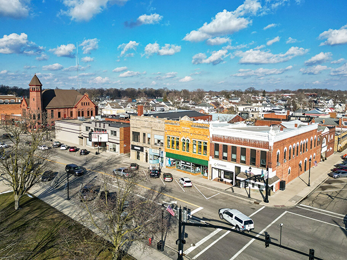 From above, Celina's downtown reveals its perfect small-town geometry&mdash;a testament to Midwestern urban planning that puts community at the center.