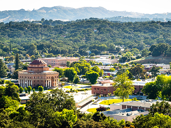 From above, Atascadero reveals its perfect positioning &ndash; nestled in oak-studded hills with the iconic City Hall dome anchoring a community that's mastered affordable California living.