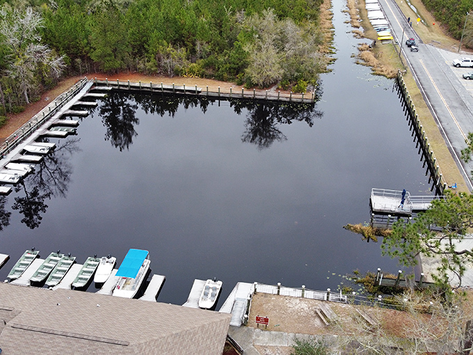 Bird's-eye view of adventure central&mdash;where boats line up like eager puppies waiting for their chance to explore the watery wilderness.