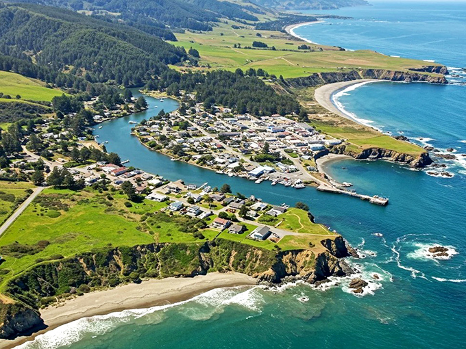 From above, Gualala reveals its perfect positioning &ndash; nestled between forest, river, and sea like nature's ideal sandwich.