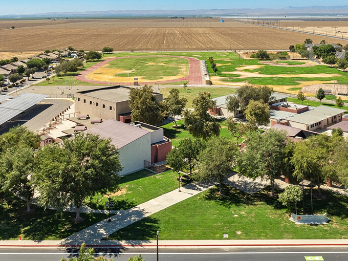 An aerial view reveals Huron nestled amid agricultural fields that stretch to the horizon, the town's lifeblood and economic foundation.