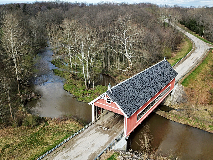 From above, you can truly appreciate how the bridge connects not just two banks, but also past and present across Mill Creek.