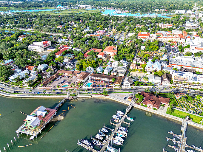 From above, St. Augustine reveals its perfect balance of water, history, and greenery. Like a well-composed painting where every Spanish tile and palm tree knows exactly where it belongs.