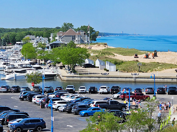The bird's-eye view reveals New Buffalo's perfect balance &ndash; where harbor meets beach, where civilization meets nature, where everyday life meets vacation.