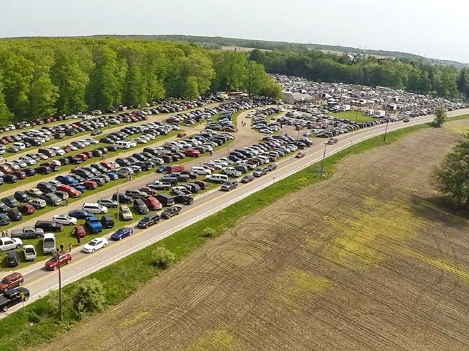 From above, the true scale of treasure-hunting madness reveals itself&mdash;a small city of cars converging on what locals know is worth the drive.