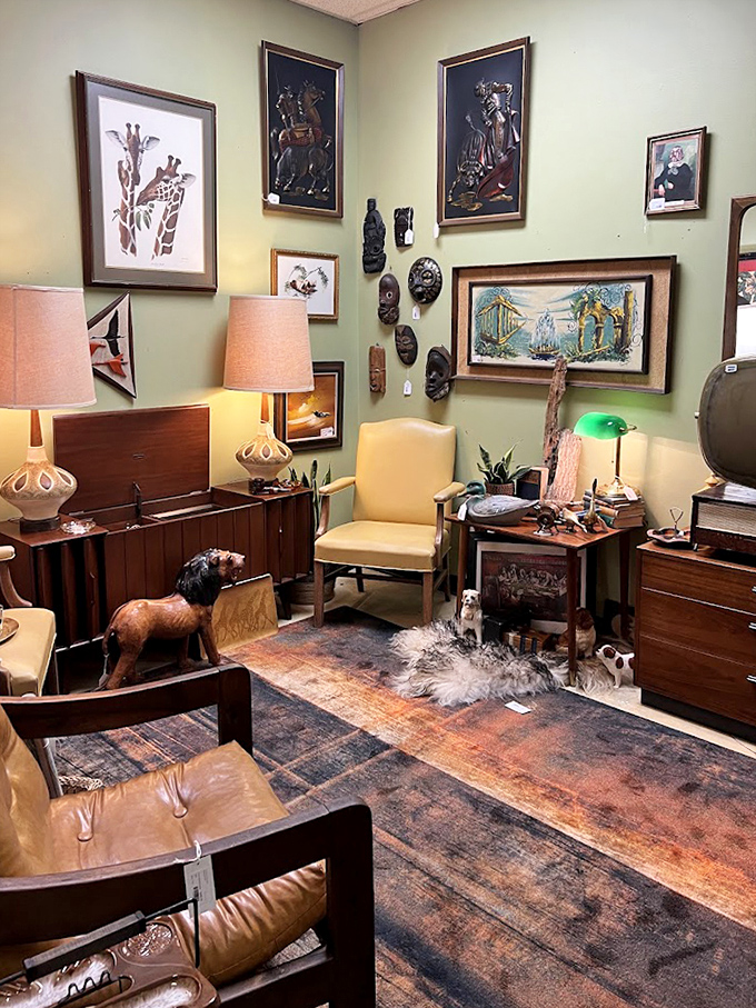 A perfectly curated mid-century living room vignette. That leather chair has definitely heard some interesting stories over the decades.