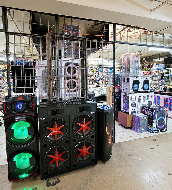 Bass so powerful it might shake loose more treasures from the rafters! This audio equipment corner brings the boom to Super Flea's eclectic bazaar.