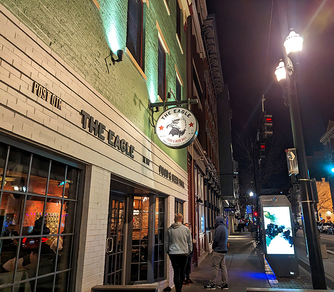 As night falls, The Eagle's illuminated sign serves as a lighthouse guiding hungry night owls to their crispy, juicy destination.