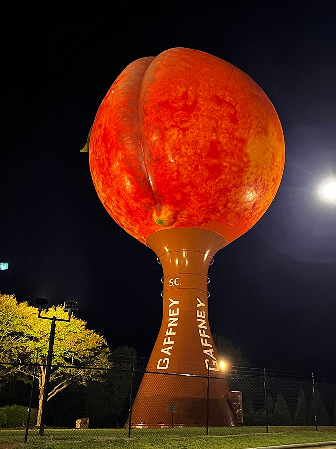 By night, the illuminated Peachoid takes on an almost otherworldly glow. E.T. would definitely phone home about this one.