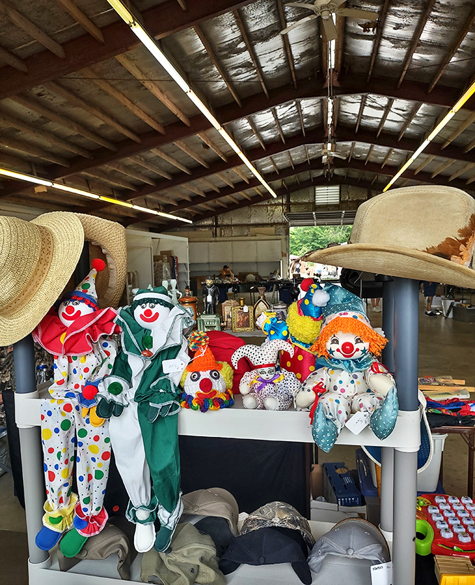 Colorful clown dolls and straw hats share space under the covered pavilion. Some treasures delight, while others might haunt your dreams!