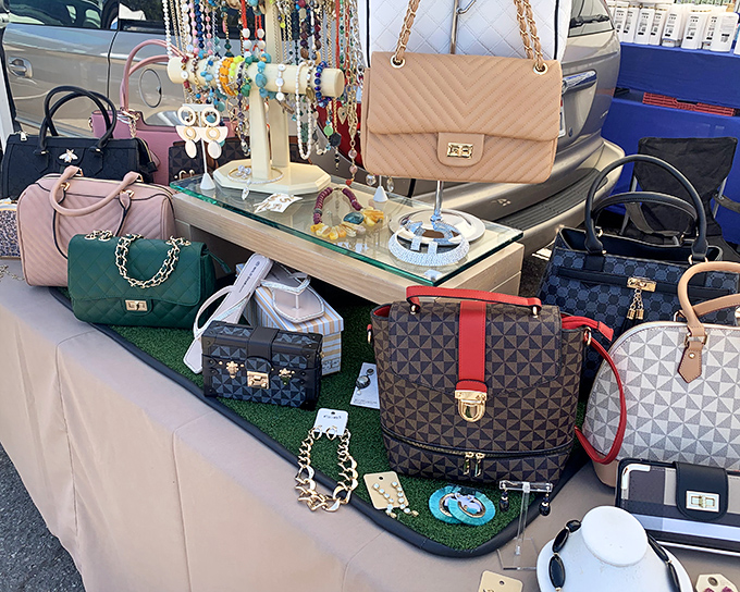 Bag lovers, shield your credit cards! This display of purses and accessories is where good budgeting intentions go for a wild weekend.