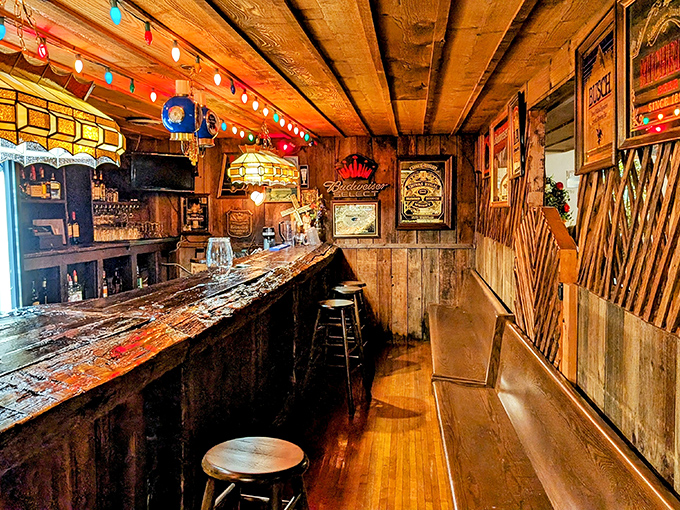 The rustic bar area looks like it could tell stories spanning centuries. If these wooden planks could talk, they'd probably just say "Order the chicken."