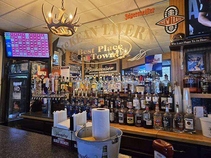Behind every great tavern is a well-stocked bar. This lineup of bottles promises adventures ranging from "great night" to "interesting stories tomorrow."