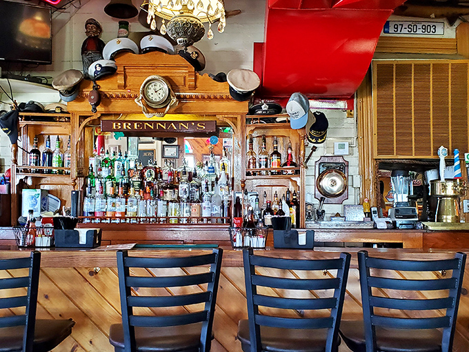 The bar at Brennan's isn't just where drinks are made&mdash;it's a maritime museum where sailors' caps and memorabilia tell stories of adventures past.