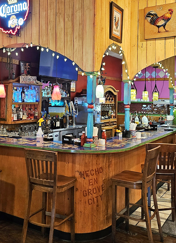 This bar counter tells stories without saying a word. Colorful, whimsical, and distinctly Grove City&mdash;it's where locals gather when breakfast turns to happy hour.